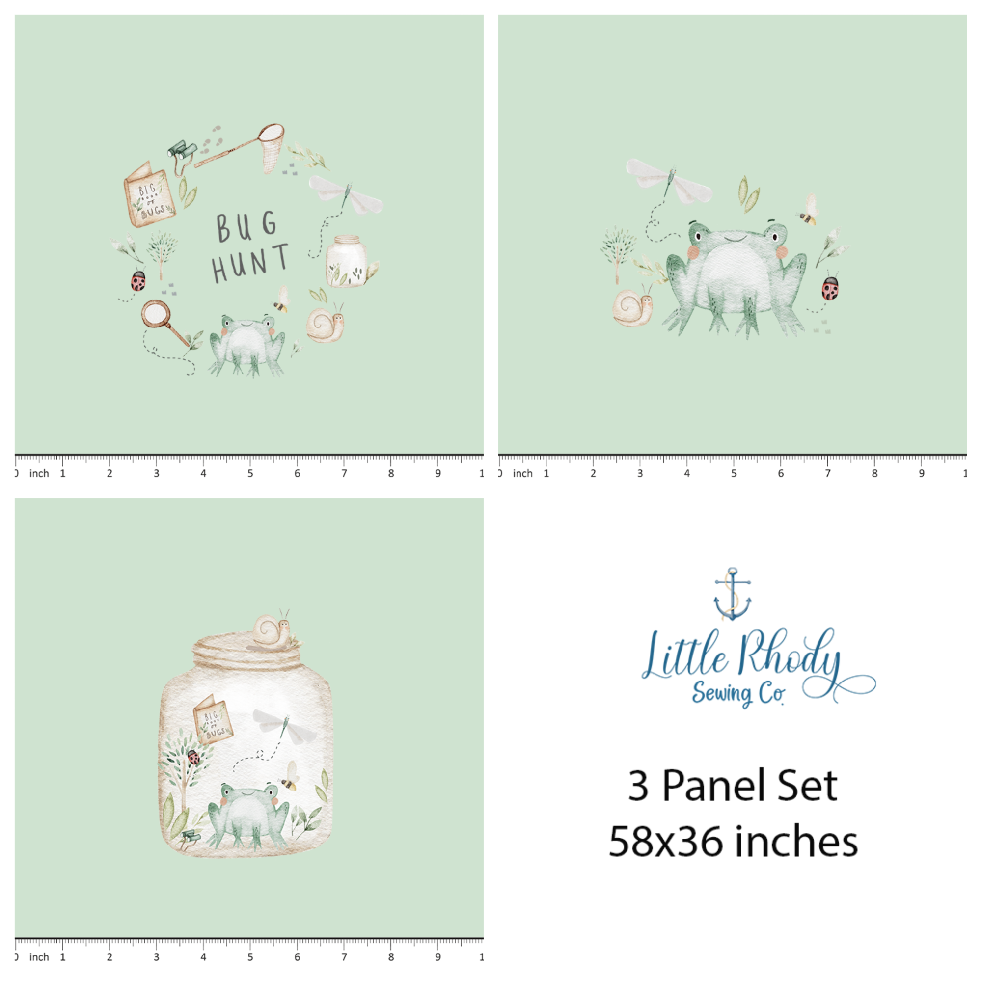 Lumelo and Ginger - Bug School on Mint - 3 Panel Set - Printed by Fami ...